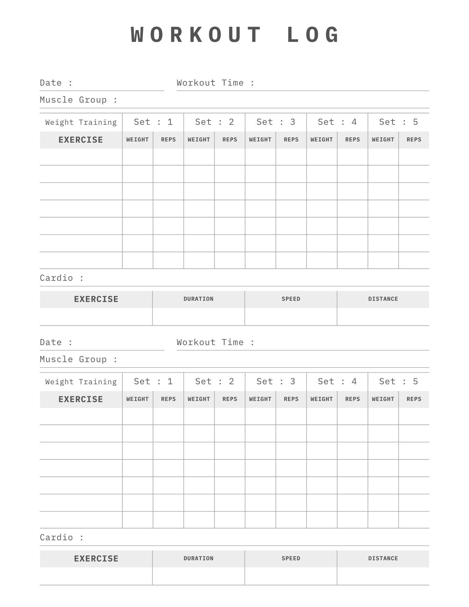Workout Log Sheet - Instant Digital Download - Etsy