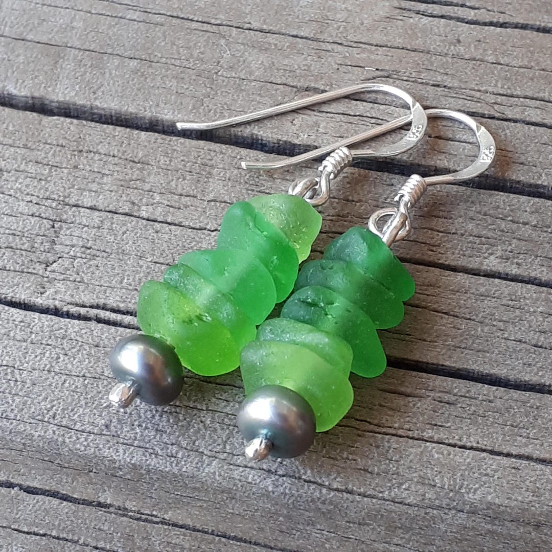 Forest Green Genuine Sea Glass Earrings, Grey Freshwater Pearls ...