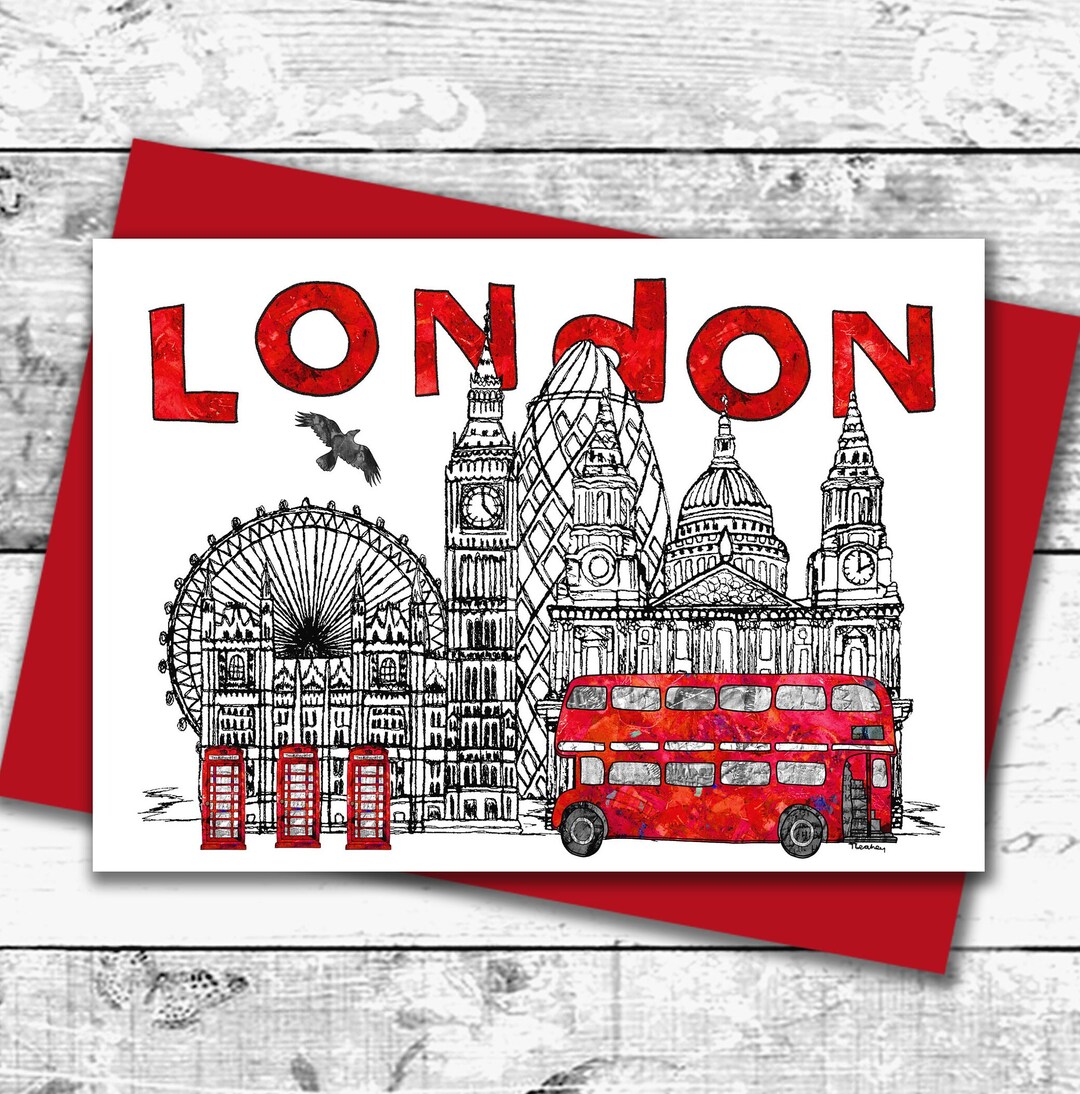 London Red Bus A6 Card, A5 Print, A4 Print, Capital of England, Black ...