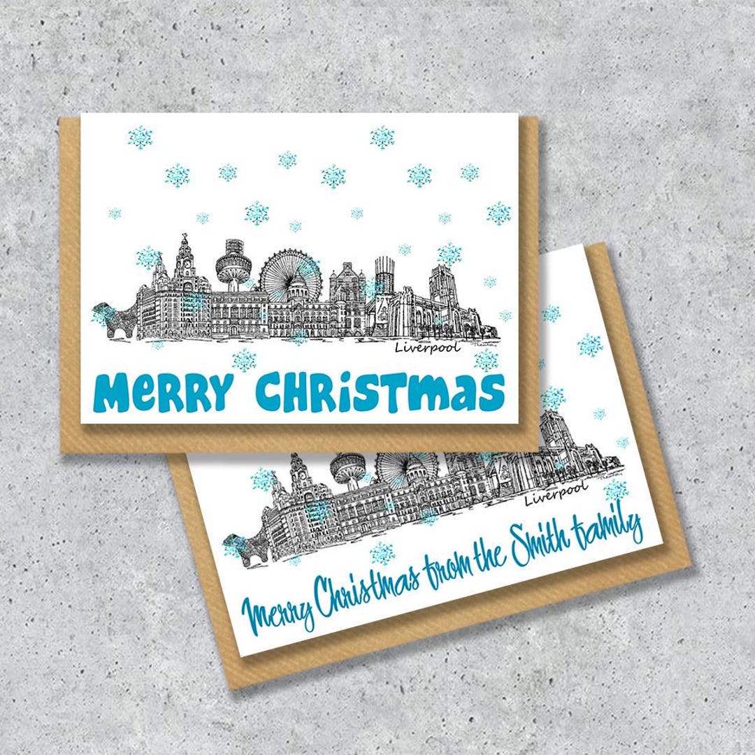 Liverpool Skyline Christmas Card Merry Christmas Snowflakes, Message ...
