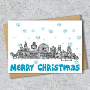 Liverpool Skyline Christmas Card - Merry Christmas Snowflakes, Message ...