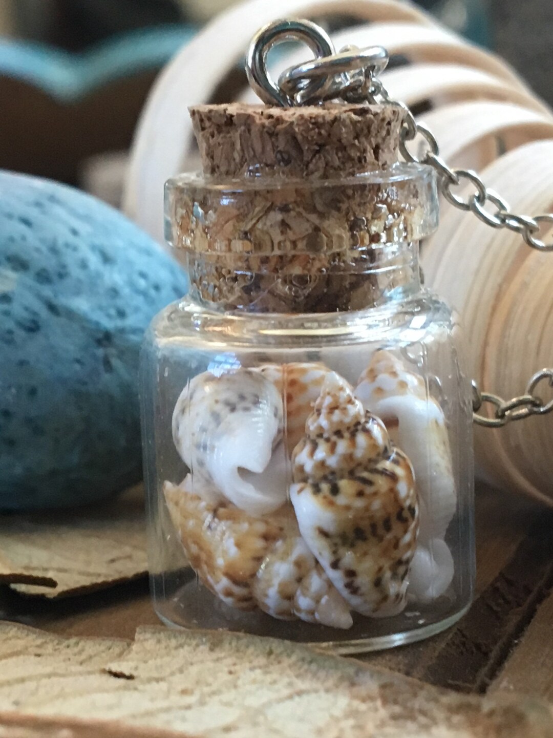 Handmade, Shells in a Bottle, Shell, Beach, Boho, Silver Chain, Glass ...