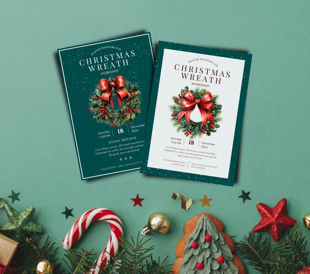 Christmas Wreath Workshop Flyer: Green Invitation Set (digital Download ...