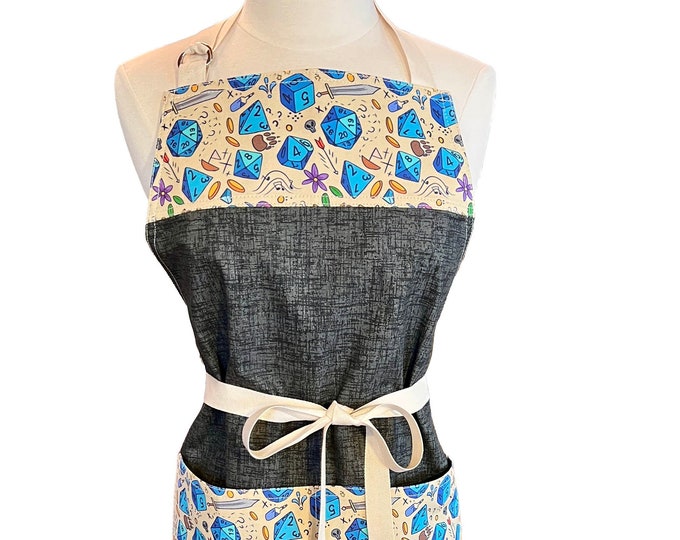 Magic Inspired Fun DND Themed Pattern Apron With Game Dice, Swords and ...