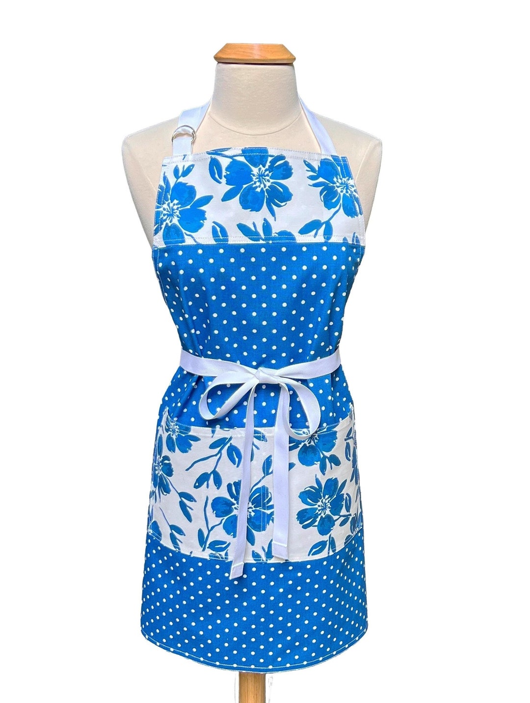 Blue Floral Apron: Polka Dot Cotton Canvas, Handmade Kitchen Apron - Etsy