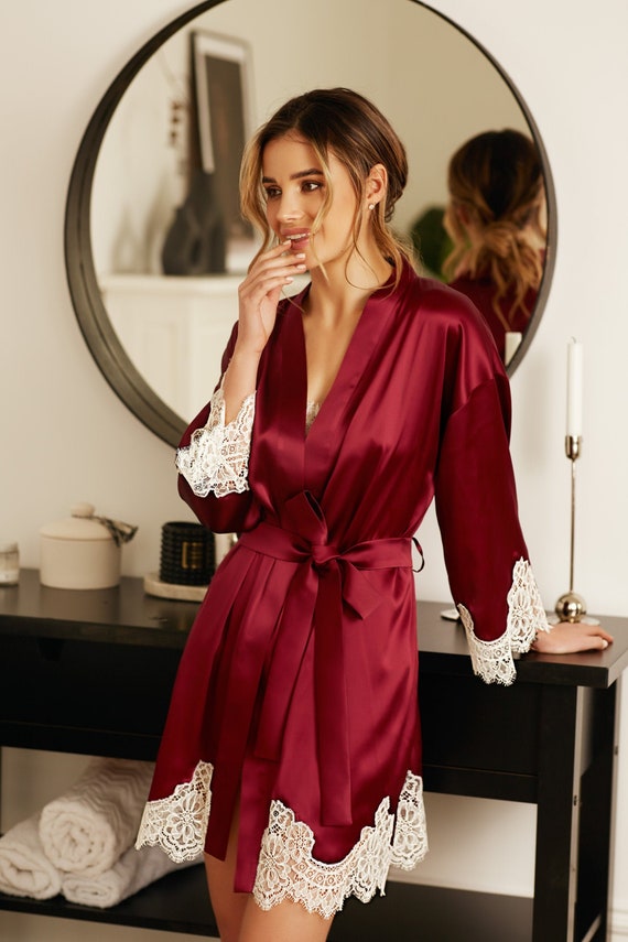 Robe Natural Silk Burgundy and White Lace | Etsy