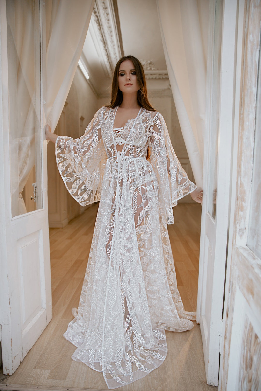 Wedding Long Bridal Robe, Boudoir Wedding Gown for Morning of Bride ...