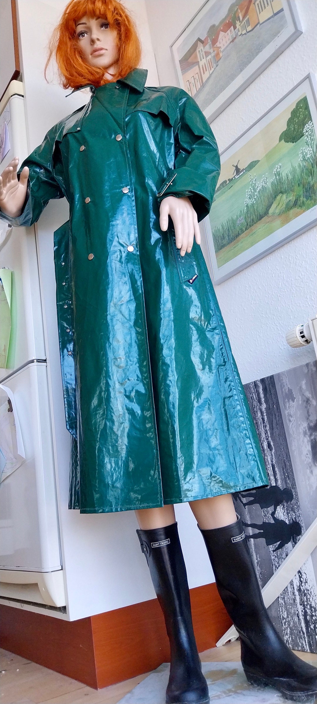 Green Vinyl / Pvc Raincoat Rainjacket Raincape Rubbercoat Catsuit ...