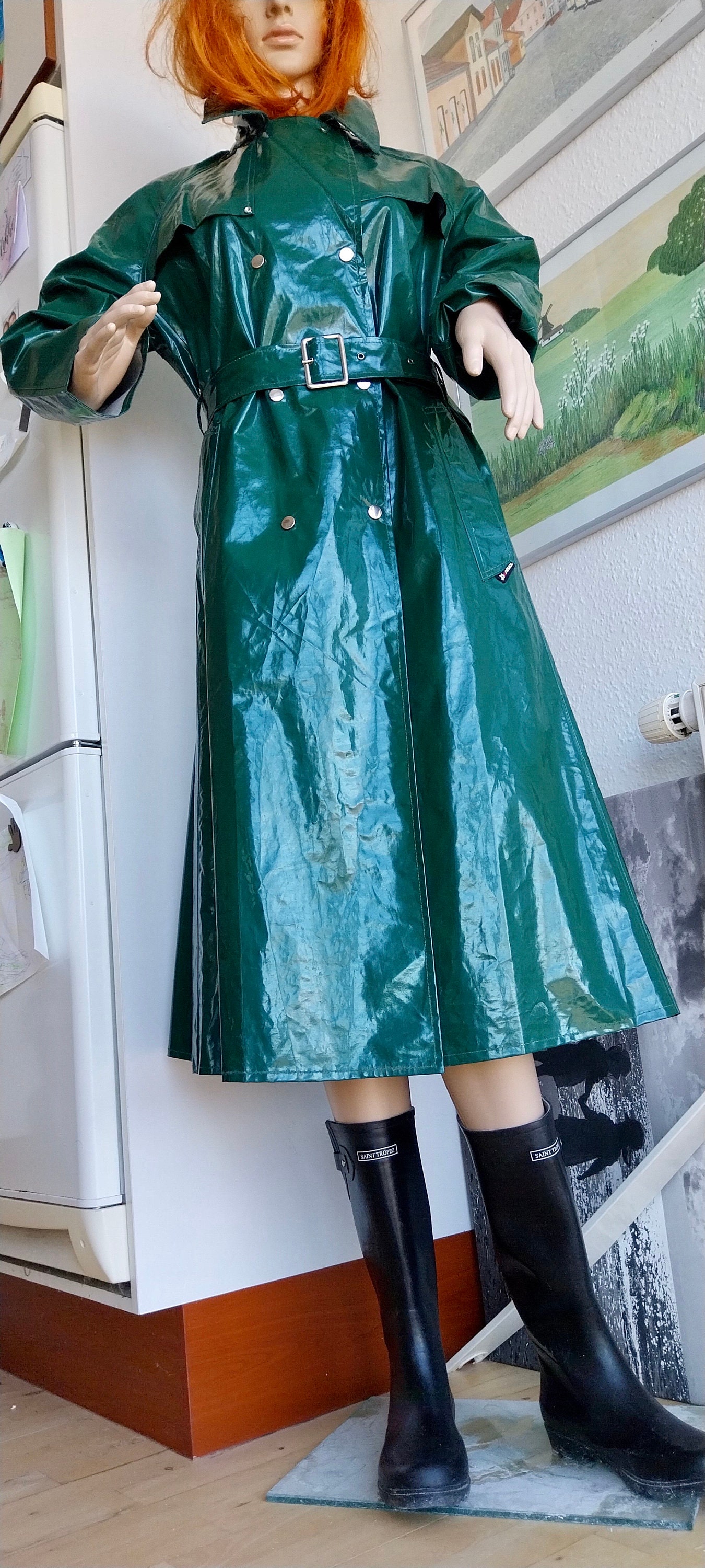 Green Vinyl / Pvc Raincoat Rainjacket Raincape Rubbercoat Catsuit ...