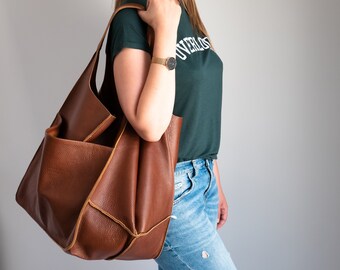 BROWN Oversize Shoulder Bag LEATHER HOBO Bag Everyday - Etsy