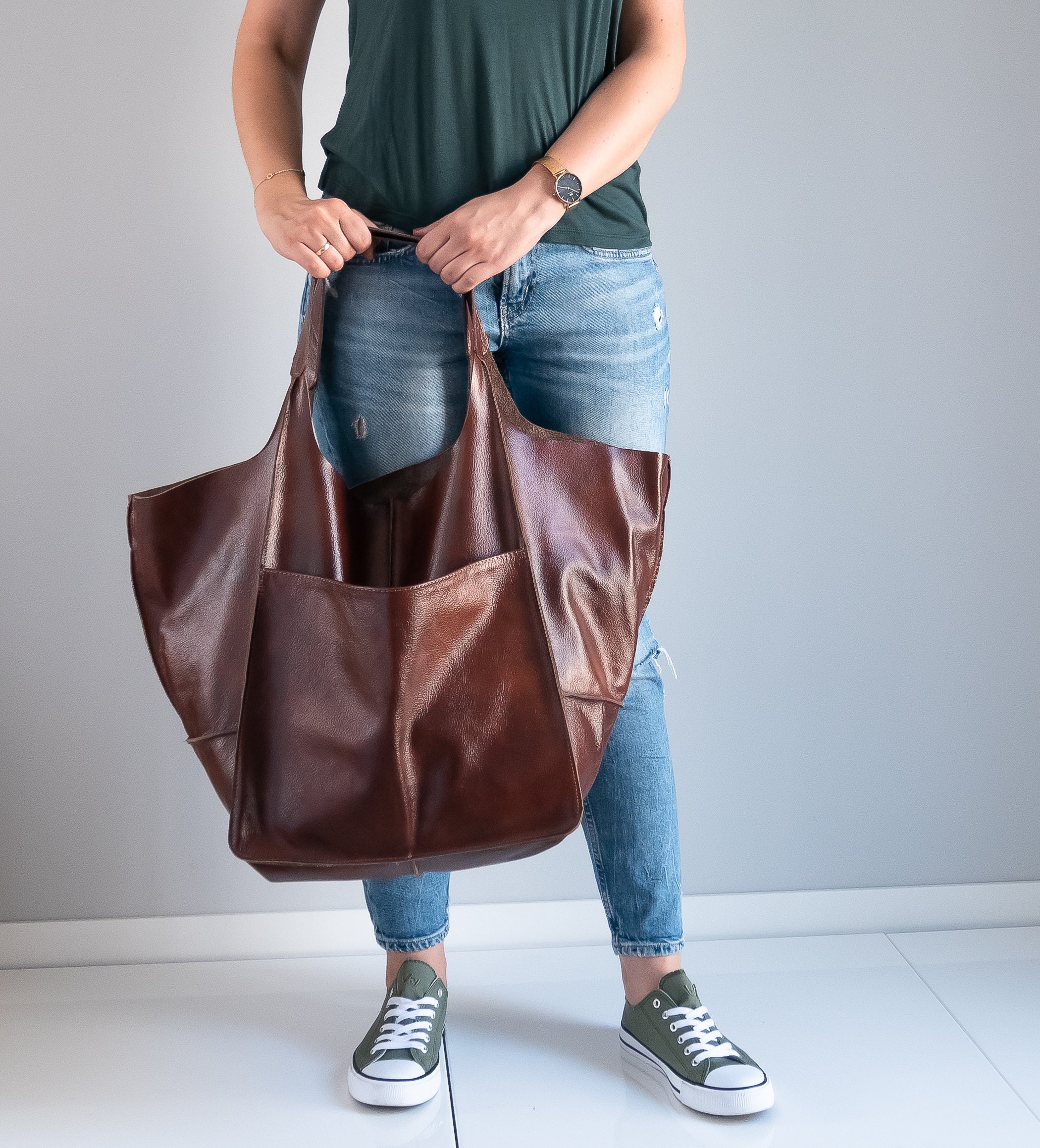 LARGE LEATHER Tote Cognac BROWN Handbag Everyday Foldover | Etsy