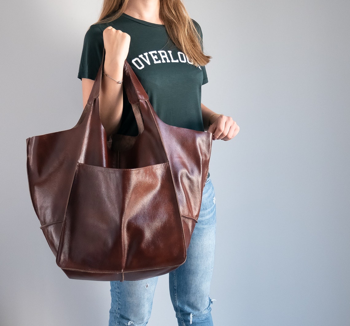 LARGE LEATHER Tote Cognac BROWN Handbag Everyday Foldover | Etsy