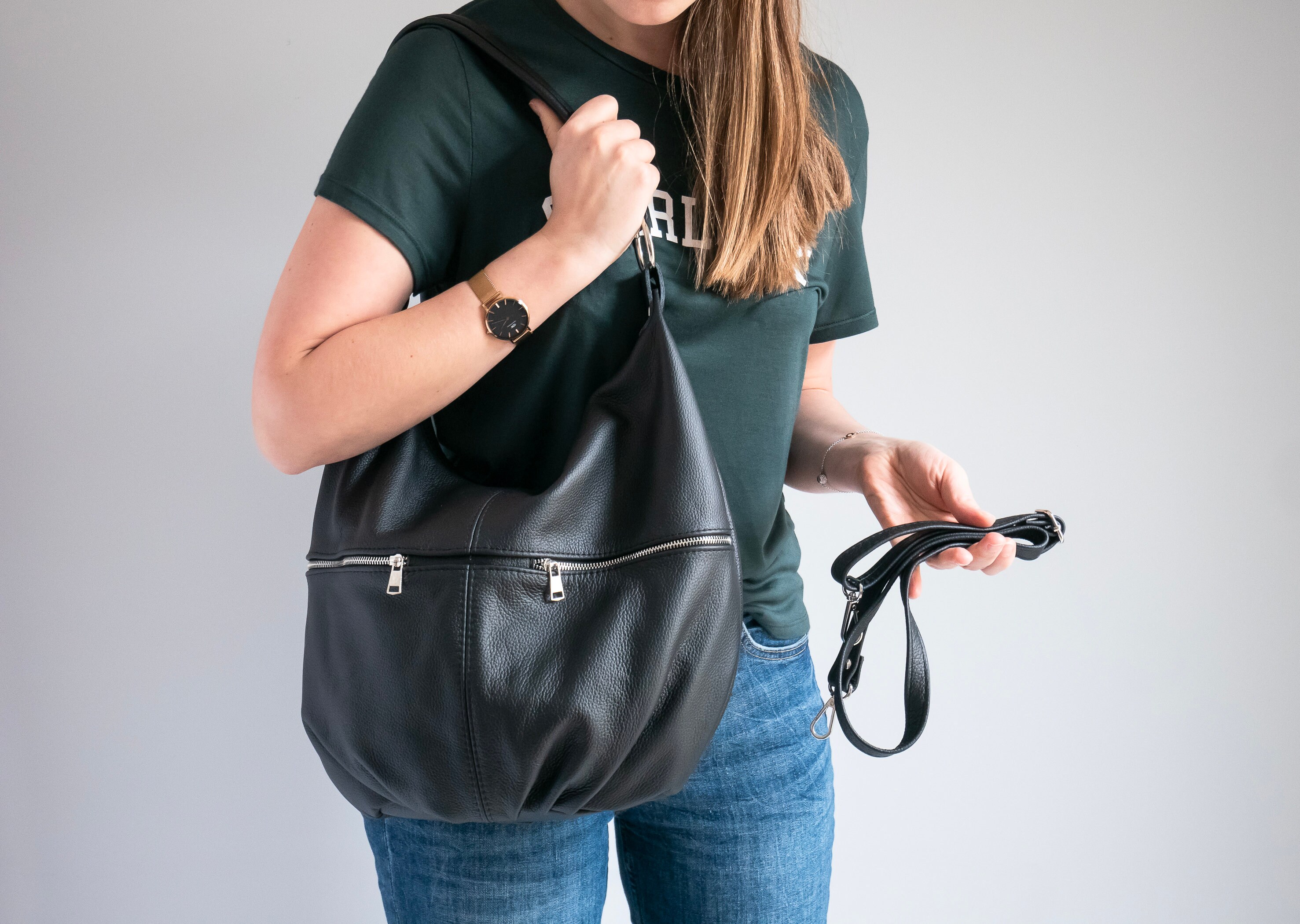 BLACK LEATHER SHOULDER Hobo Bag Everyday Crossbody Leather | Etsy