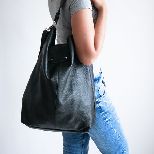 BLACK OVERSIZE SHOPPER Bag Black Leather Shopper Large Tote - Etsy