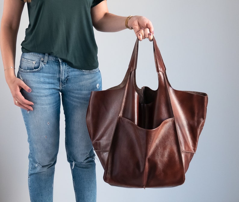 LARGE LEATHER Tote Cognac BROWN Handbag Everyday Foldover | Etsy