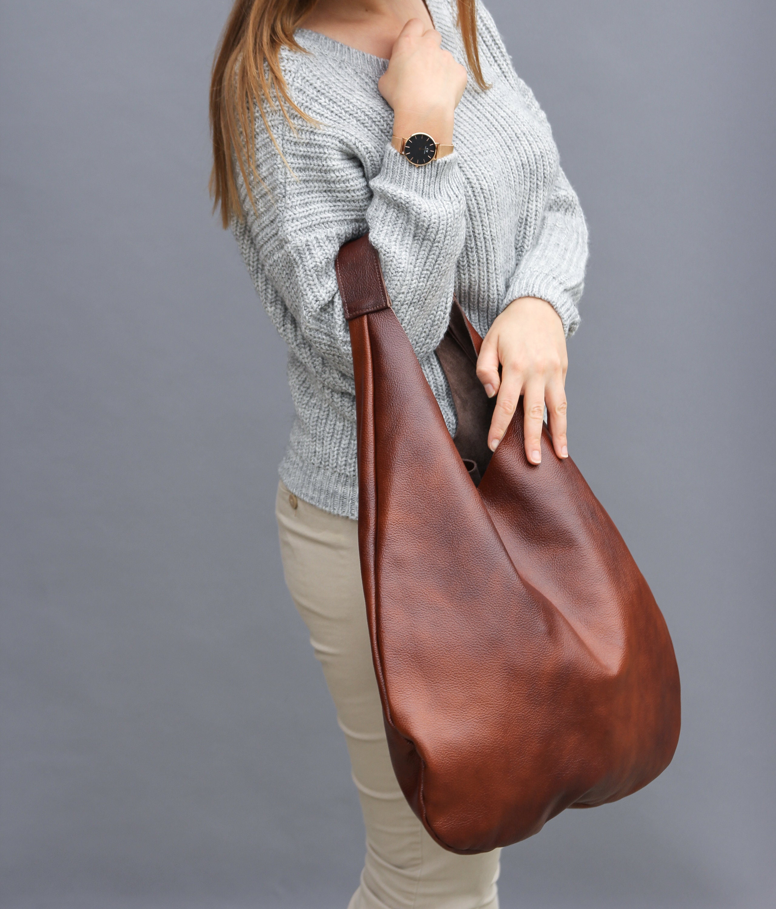 Cognac BROWN Oversize Shoulder Bag Distressed Leather HOBO - Etsy