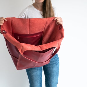 RED OVERSIZE HANDBAG, Leather Women Purse, Shoulder Bag, Shoulder Hobo ...