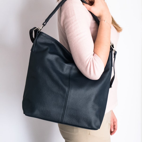 Navy Blue Leather Shoulder Bag - Etsy