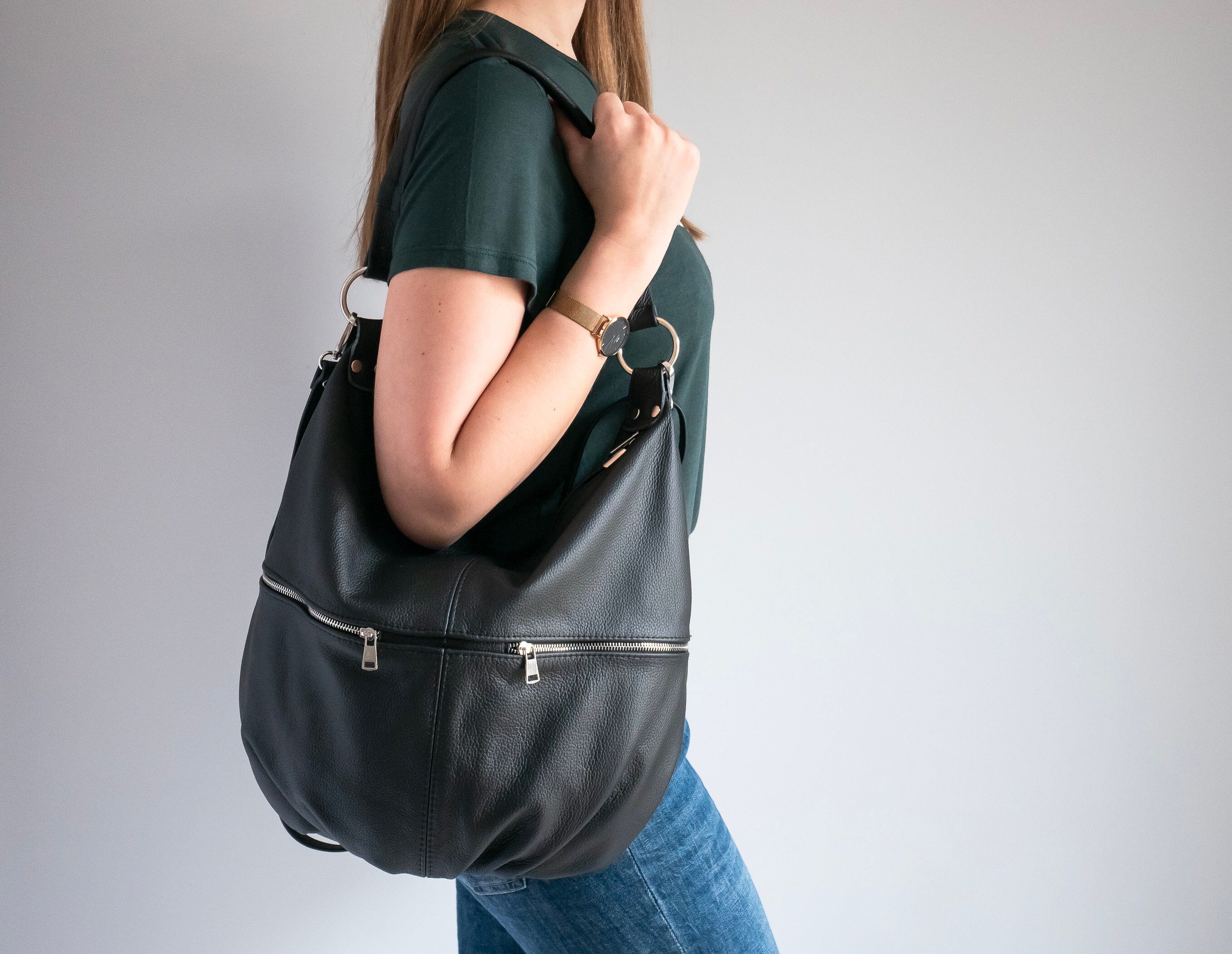 BLACK LEATHER SHOULDER Hobo Bag Everyday Crossbody Leather | Etsy