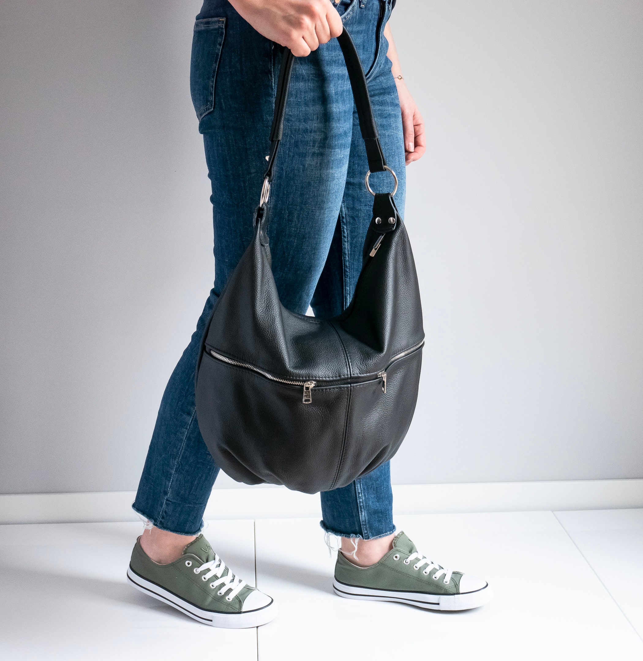 BLACK LEATHER SHOULDER Hobo Bag Everyday Crossbody Leather | Etsy