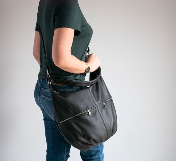 BLACK LEATHER SHOULDER Hobo Bag Everyday Crossbody Leather | Etsy