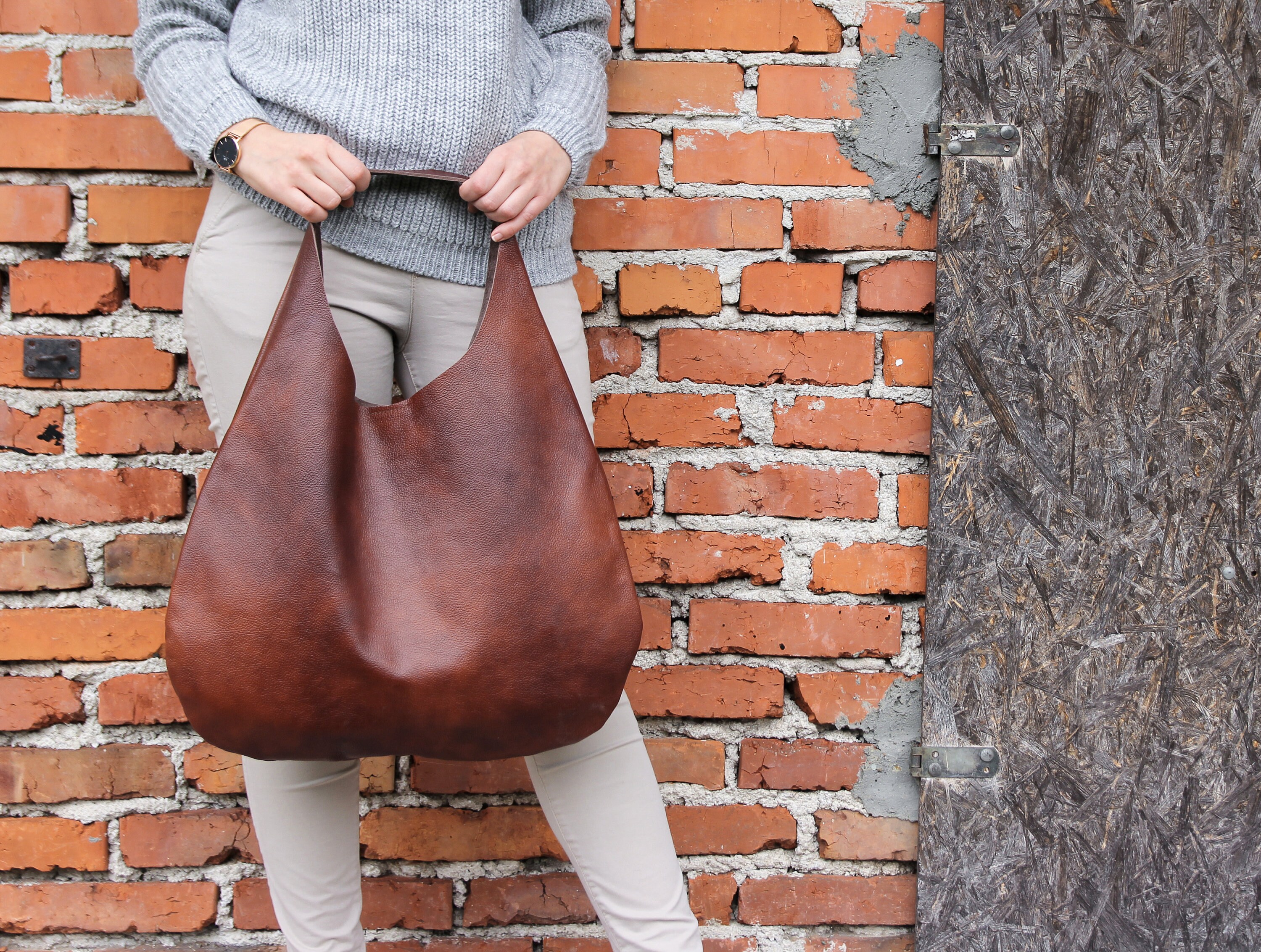 Cognac BROWN Oversize Shoulder Bag Distressed Leather HOBO - Etsy