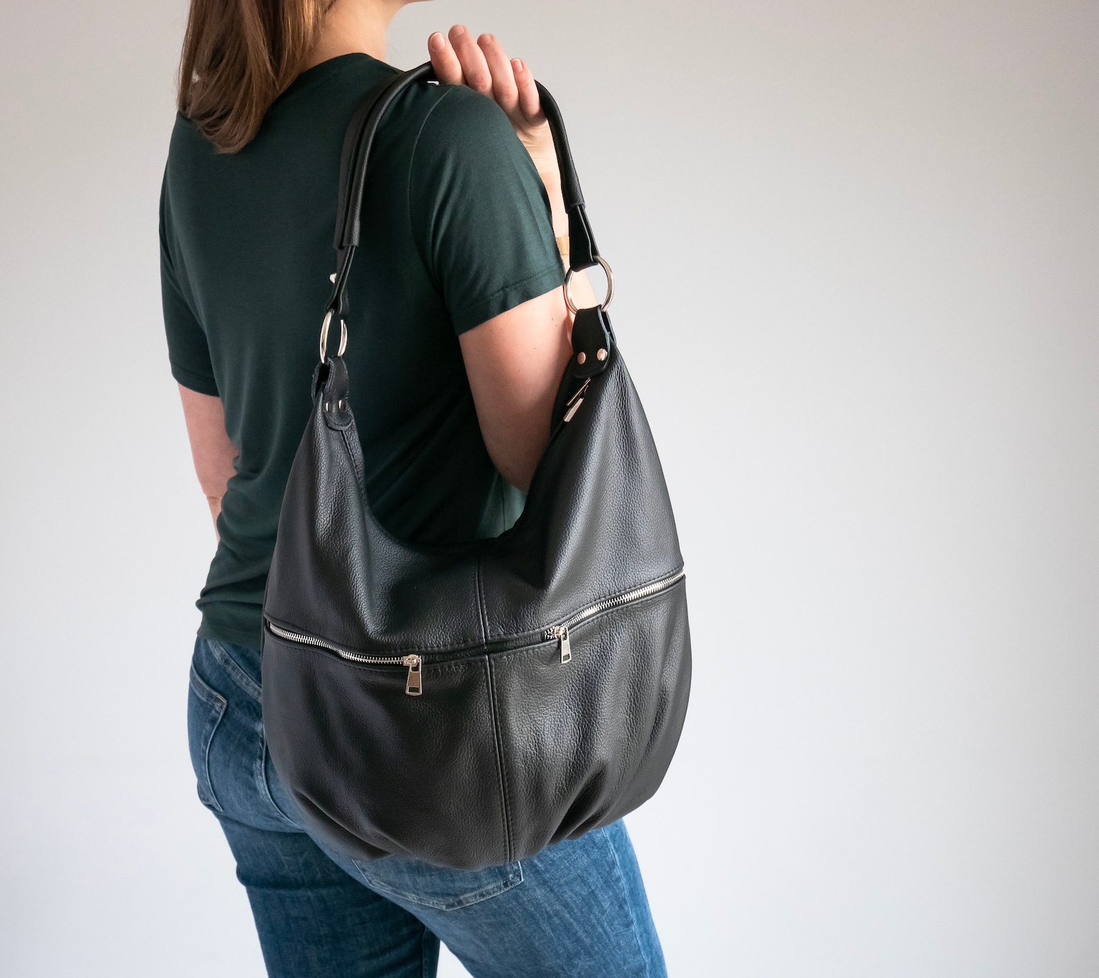 BLACK LEATHER SHOULDER Hobo Bag Everyday Crossbody Leather | Etsy