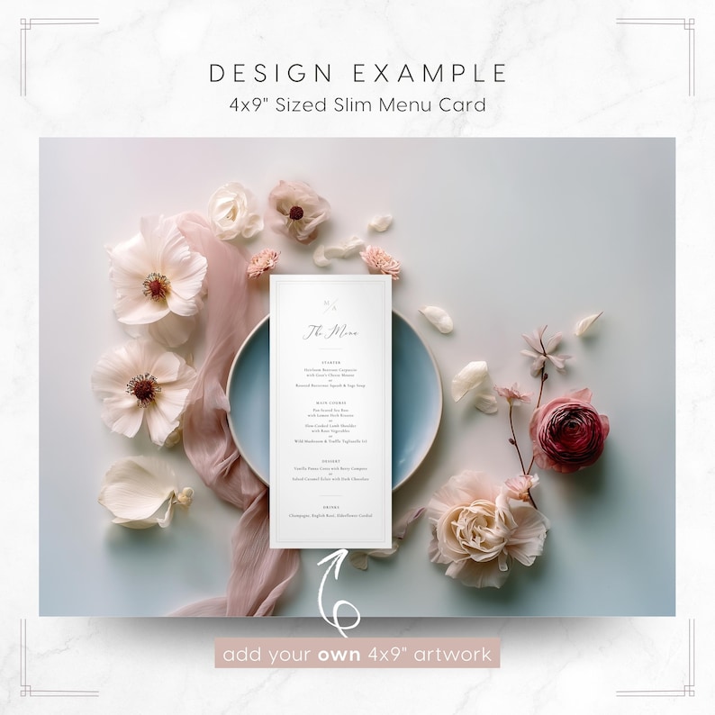 Romantic Floral Dl/4x9 Menu Mockup: Canva Template + Easy PSD (slim ...