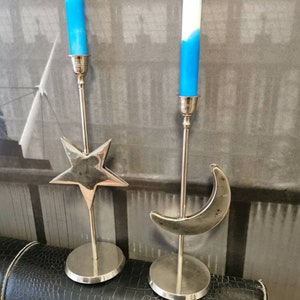 2 Large Candlesticks Moon and Star Made of Chrome-plated Metal ...