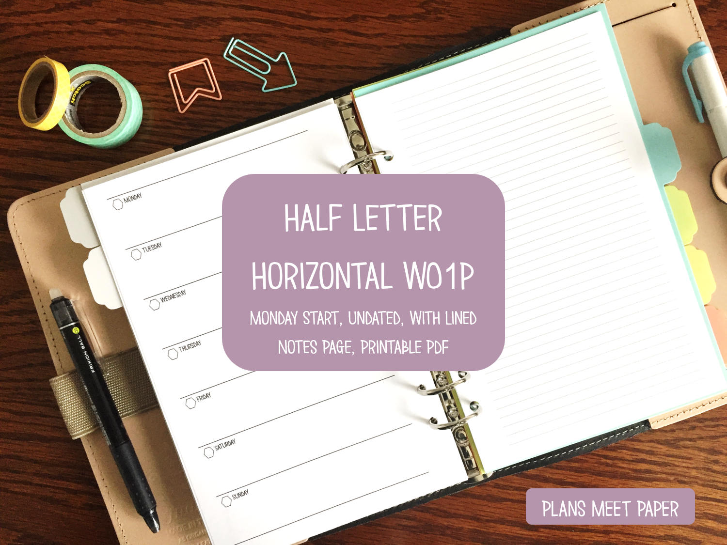 PRINTABLE Weekly Planner Insert, Half Letter Horizontal Week on 1 Page ...