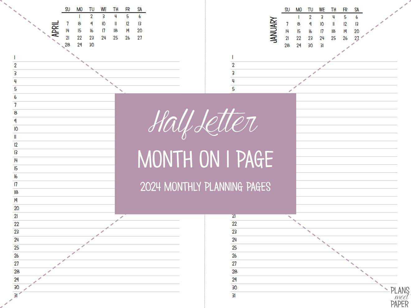 PRINTABLE Half Letter 2024 Month on One Page Inserts - Etsy