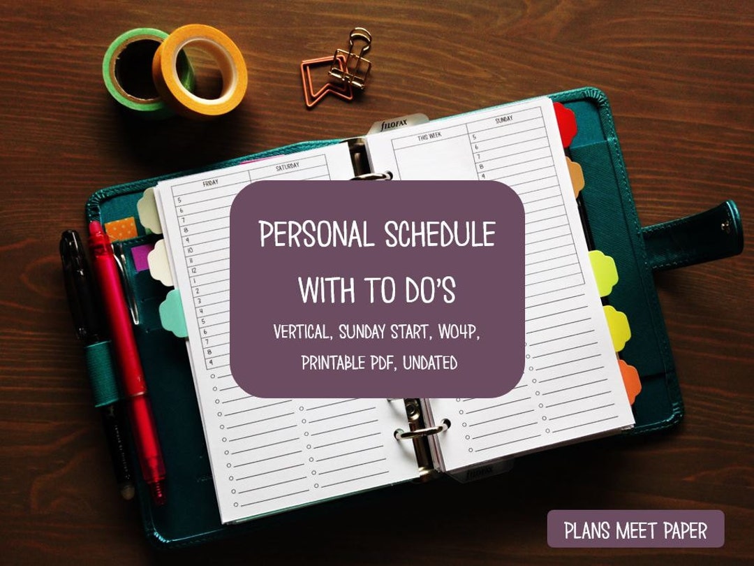 PRINTABLE Personal Vertical Schedule With to Dos Week on 4 Pages Sunday ...