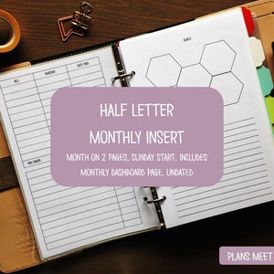 PRINTABLE Half Letter Month on Two Pages Insert, Undated, Includes ...