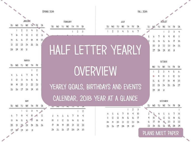 PRINTABLE Half Letter Yearly Overview, Goals, Birthdays and Events ...