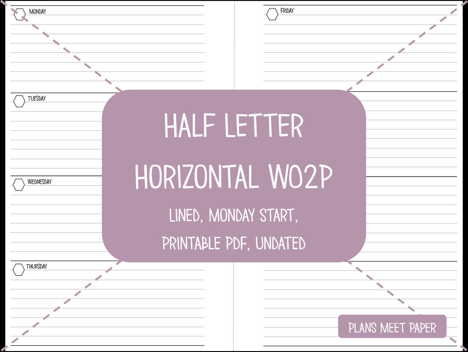 PRINTABLE Half Letter Horizontal Weekly Insert Week on 2 Pages Lined ...