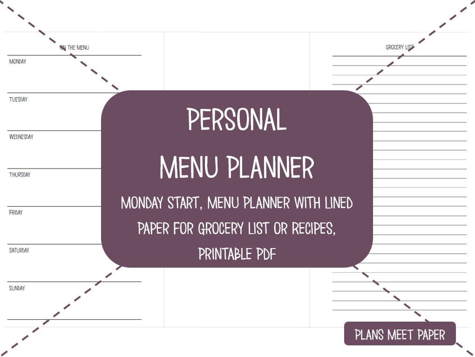 PRINTABLE Personal Weekly Menu Planner With Lined Paper for Grocery ...