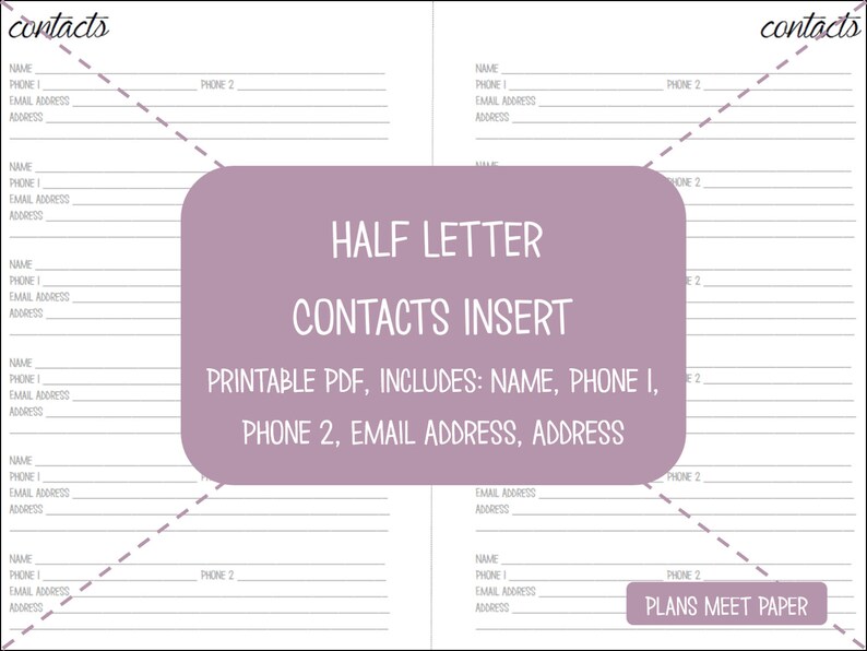 PRINTABLE Half Letter Contacts Insert - Etsy