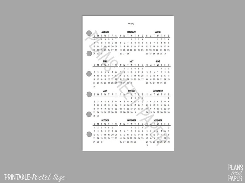 PRINTABLE Pocket Size 2023 Year at a Glance, Year on 1 Page Insert - Etsy