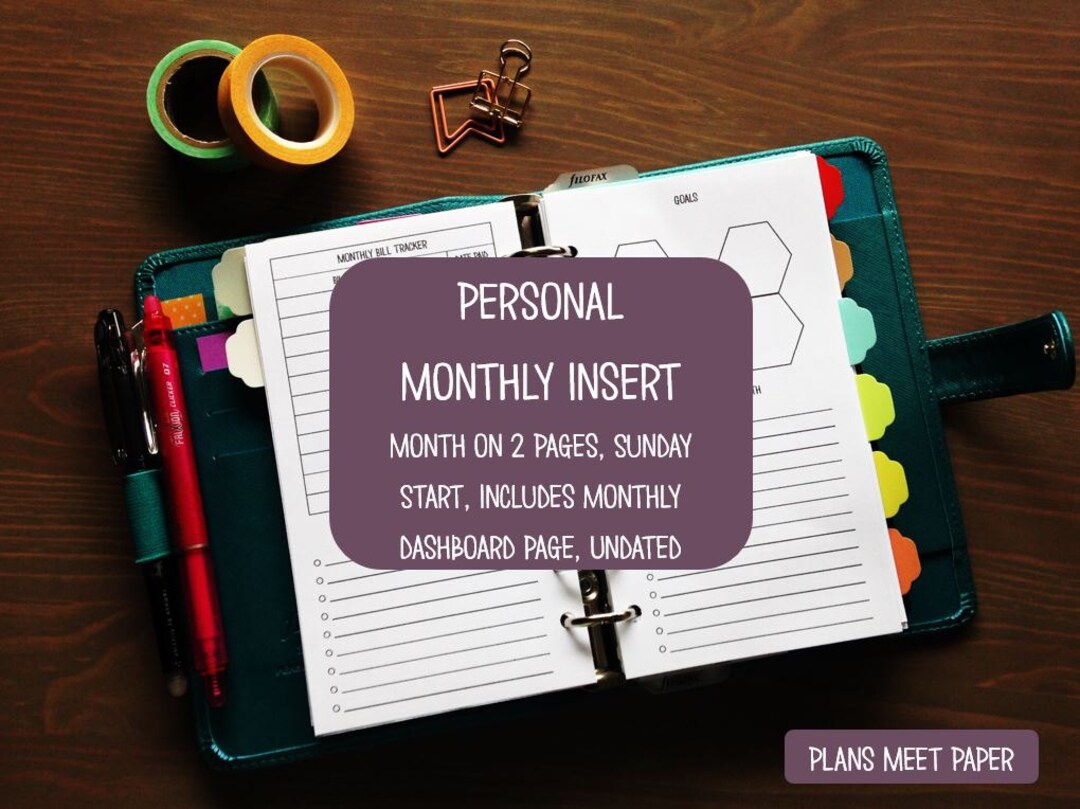 PRINTABLE Personal Month on Two Pages Insert, Undated, Includes Monthly ...