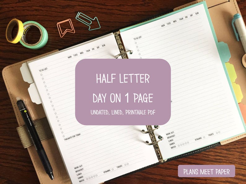 PRINTABLE Half Letter Daily Insert, Day on 1 Page, Lined, Undated - Etsy