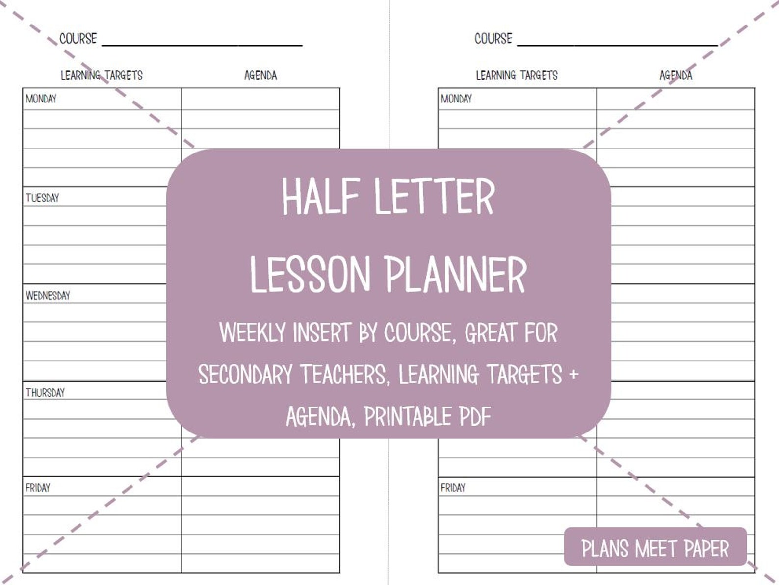 PRINTABLE Half Letter Weekly Lesson Planner, Great for Secondary ...