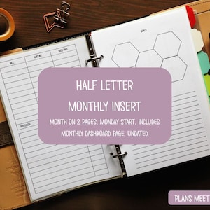 PRINTABLE Half Letter Month on Two Pages Insert, Undated, Includes ...