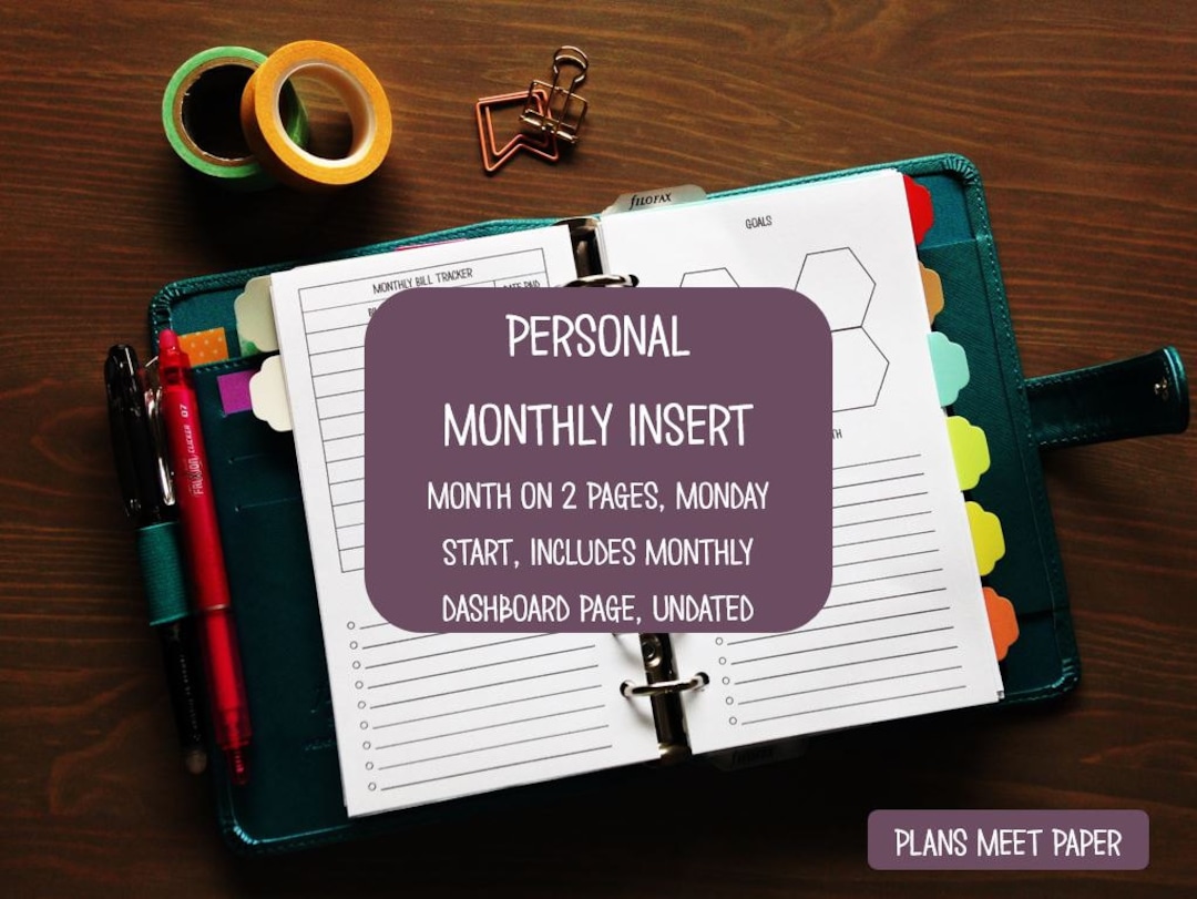 PRINTABLE Personal Month on Two Pages Insert, Undated, Includes Monthly ...