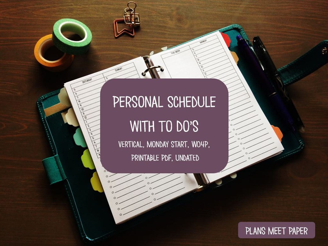 PRINTABLE Personal Vertical Schedule With to Dos Week on 4 Pages Monday ...