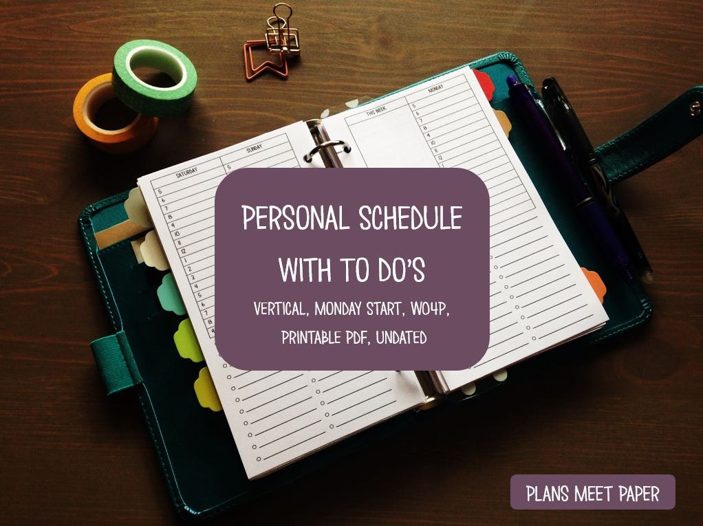 PRINTABLE Personal Vertical Schedule With to Dos Week on 4 Pages Monday ...