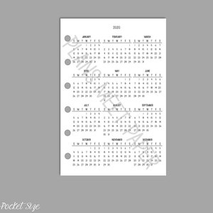 PRINTABLE Pocket Size 2020 Year at a Glance, Year on 1 Page Insert - Etsy