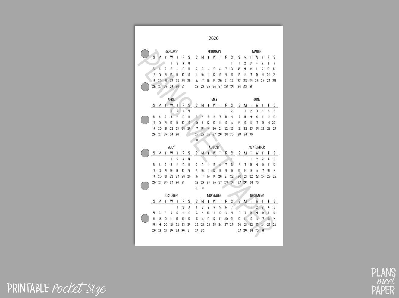 PRINTABLE Pocket Size 2020 Year at a Glance, Year on 1 Page Insert - Etsy