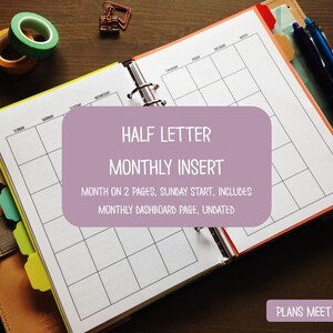 PRINTABLE Half Letter Month on Two Pages Insert, Undated, Includes ...
