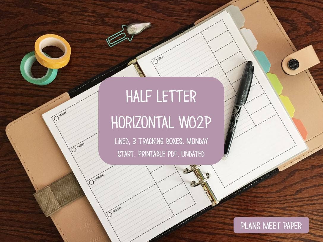 PRINTABLE Weekly Planner Insert, Half Letter Horizontal Week on 2 Pages ...