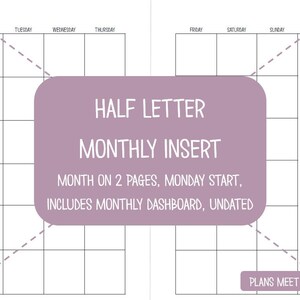 PRINTABLE Half Letter Month on Two Pages Insert, Undated, Includes ...